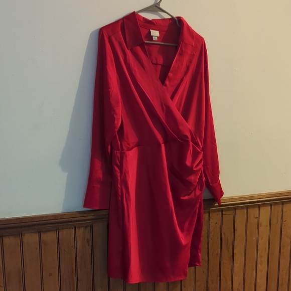 a new day | Dresses | A New Day Red Satin Wrap Dress Long Sleeve Size L ...